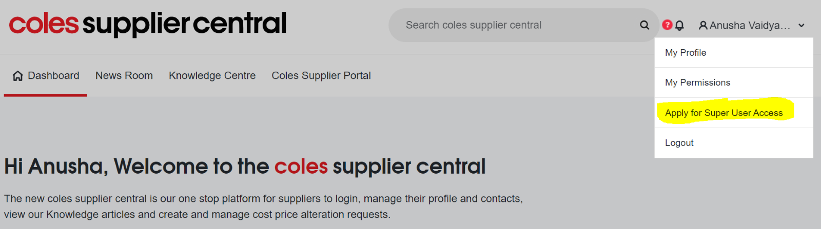 Change your Super User (Administrator) | coles supplier central