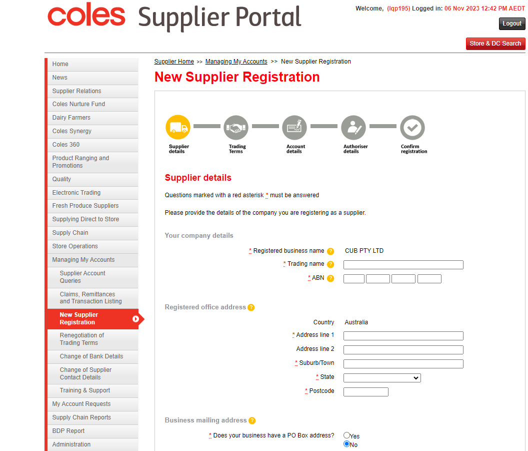 Registering a new vendor number as an existing Supplier on coles ...